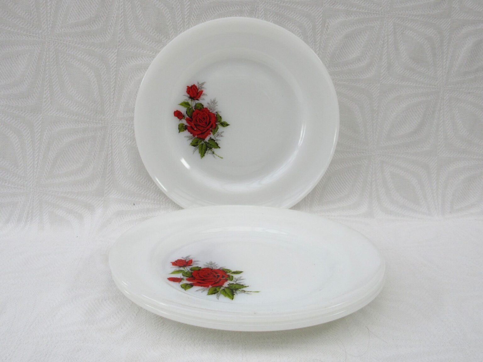 Vintage Phoenix Opalware Red Rose Dinner Plates x3 Milk Glass 50s 60s