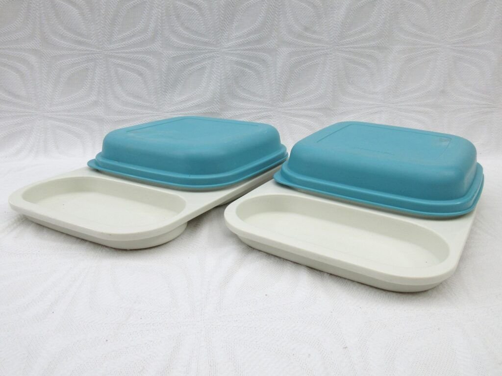 Vintage Tupperware Blue Sandwich Lunch Box Trays x2 80s 90s