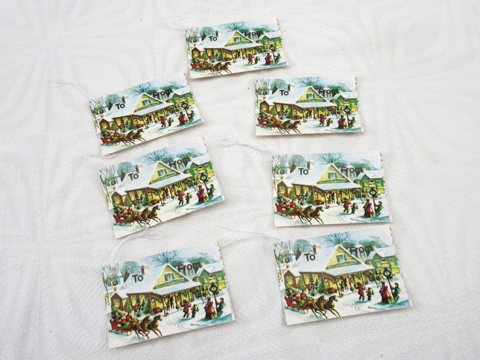Vintage Original 1970s Christmas Gift Tags x6 Victorian Snow Scene