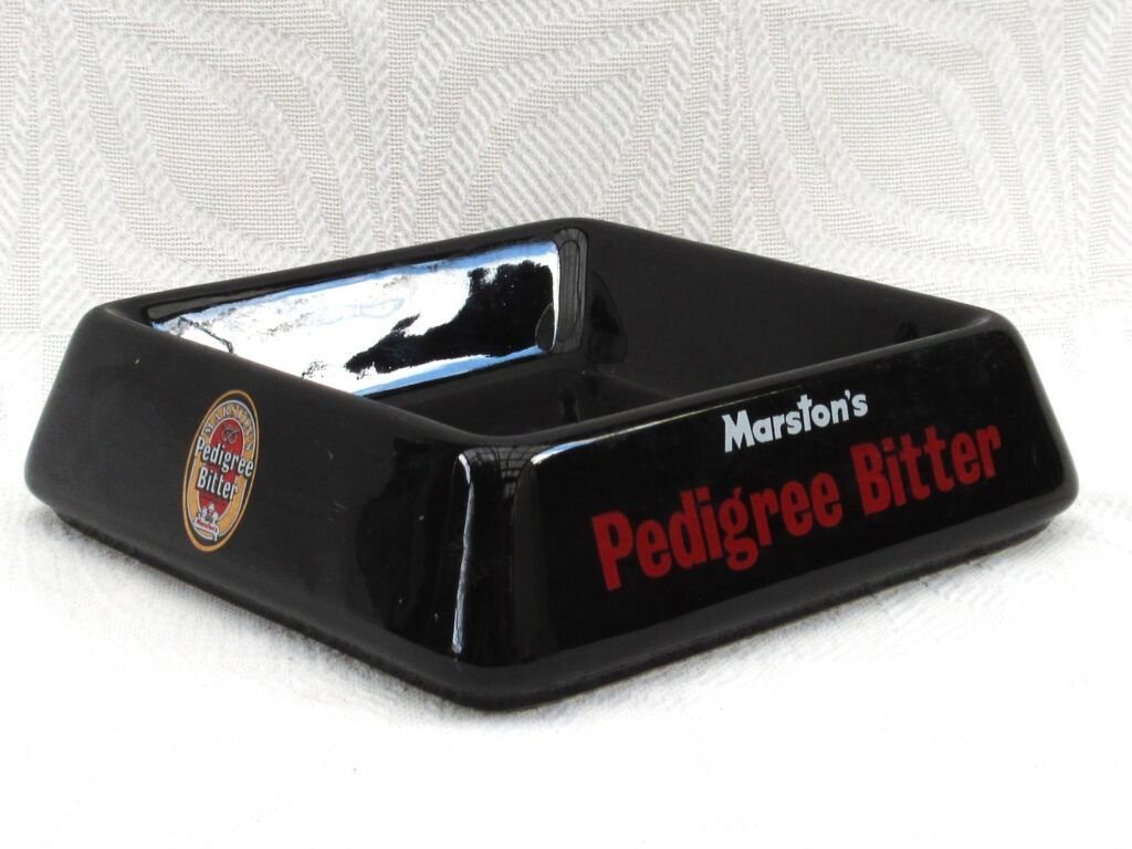 Vintage Pub Ashtray Marstons Pedigree Bitter Black Ceramic Square 70s 80s