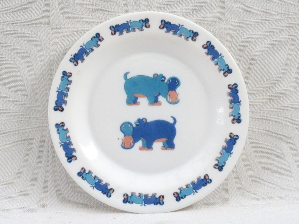 Vintage Arcopal Childrens Hippo Plate Milk Glass France 1980s