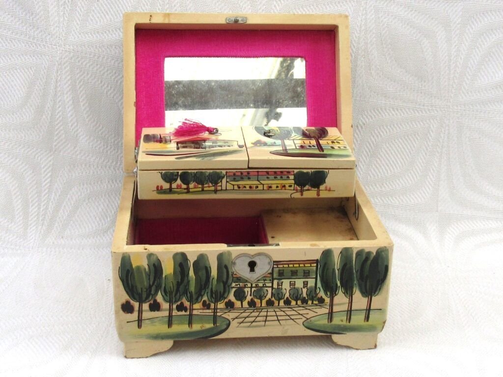 Vintage Japanese Hand Painted Musical Jewellery Box Paris Scene 50s